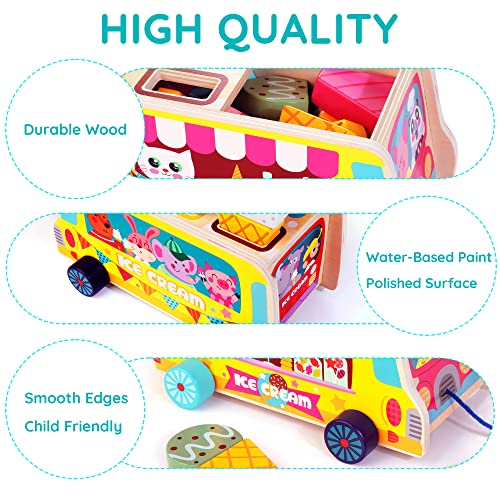 HELLOWOOD Wooden Ice Cream Truck, 28 pcs Magnetic Ice Cream Sweet Treats Pretend Play Food & Accessories, Montessori Sorting & Stacking Toys for Toddler Girls & Boys Age 2-5