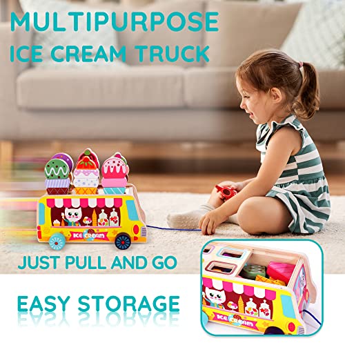 HELLOWOOD Wooden Ice Cream Truck, 28 pcs Magnetic Ice Cream Sweet Treats Pretend Play Food & Accessories, Montessori Sorting & Stacking Toys for Toddler Girls & Boys Age 2-5