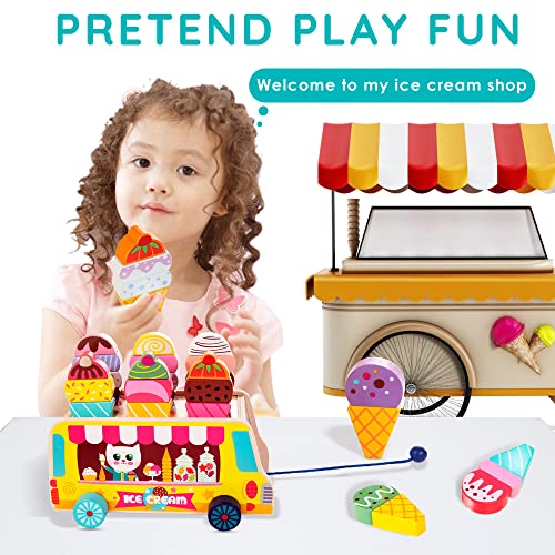 HELLOWOOD Wooden Ice Cream Truck, 28 pcs Magnetic Ice Cream Sweet Treats Pretend Play Food & Accessories, Montessori Sorting & Stacking Toys for Toddler Girls & Boys Age 2-5