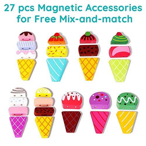 HELLOWOOD Wooden Ice Cream Truck, 28 pcs Magnetic Ice Cream Sweet Treats Pretend Play Food & Accessories, Montessori Sorting & Stacking Toys for Toddler Girls & Boys Age 2-5