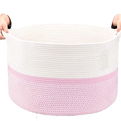 VICUTVID Large Woven Rope Storage Basket Toy Storage Toy Hamper Toy Bin Toy Basket Woven Large for Blankets Laundry Basket with Handles(22"x22"x14",Pink)