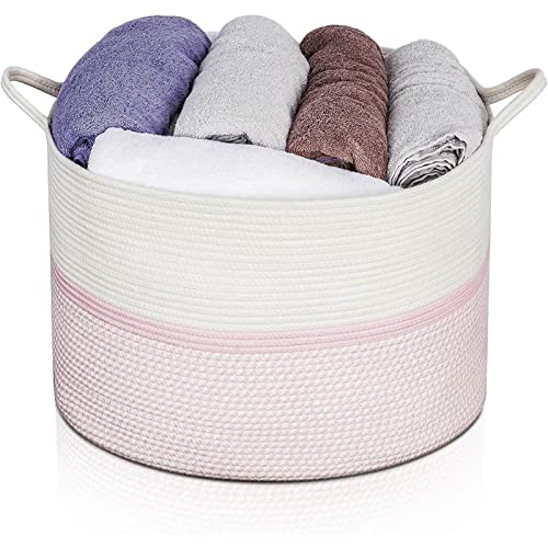 VICUTVID Large Woven Rope Storage Basket Toy Storage Toy Hamper Toy Bin Toy Basket Woven Large for Blankets Laundry Basket with Handles(22"x22"x14",Pink)