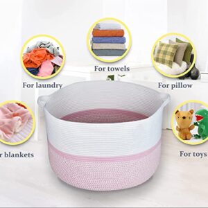 VICUTVID Large Woven Rope Storage Basket Toy Storage Toy Hamper Toy Bin Toy Basket Woven Large for Blankets Laundry Basket with Handles(22"x22"x14",Pink)