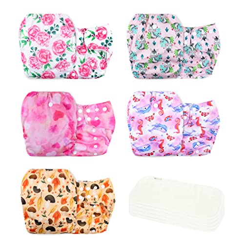 wegreeco Washable Reusable Baby Cloth Pocket Diapers Fresh Animal Bundle with Cloth Diapers Pink Girly and Wet Dry Bags