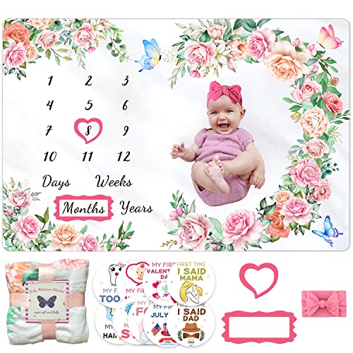 Kmivo Baby Milestone Blanket Monthly Milestone Blankets for Baby Girls Blankets Photography Background Fleece Blankets 60" X 40" inches, with Cards, Frame & Bow