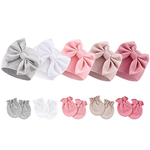 DRESHOW Newborn Baby Boys Hats Mittens Set Hospital Hat Beanie Infant Bow Hats Baby Cotton Gloves No Scratch Mittens for 0-6 Months