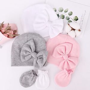 DRESHOW Newborn Baby Boys Hats Mittens Set Hospital Hat Beanie Infant Bow Hats Baby Cotton Gloves No Scratch Mittens for 0-6 Months