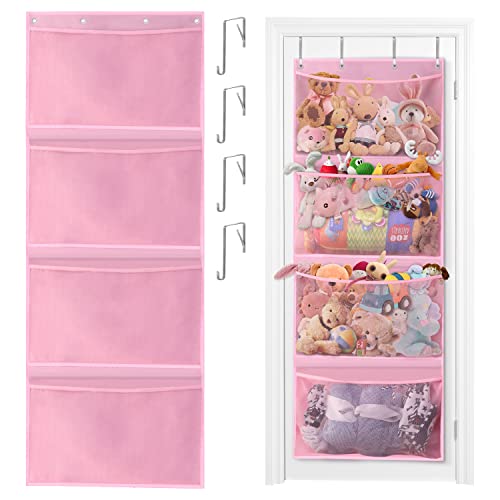 Stuffed Animal Storage,Over The Door Organizer Storage for Storage Plush Toys,Baby Supplies and Other Soft Sundries,Breathable Hanging Large Capacity Toy Storage Pockets for Kids Room Bathroom (Pink)