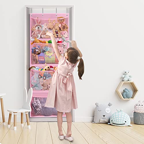 Stuffed Animal Storage,Over The Door Organizer Storage for Storage Plush Toys,Baby Supplies and Other Soft Sundries,Breathable Hanging Large Capacity Toy Storage Pockets for Kids Room Bathroom (Pink)