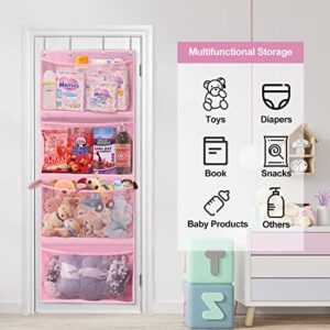 Stuffed Animal Storage,Over The Door Organizer Storage for Storage Plush Toys,Baby Supplies and Other Soft Sundries,Breathable Hanging Large Capacity Toy Storage Pockets for Kids Room Bathroom (Pink)