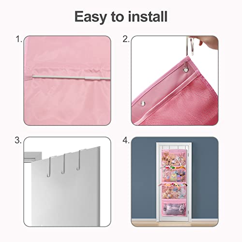 Stuffed Animal Storage,Over The Door Organizer Storage for Storage Plush Toys,Baby Supplies and Other Soft Sundries,Breathable Hanging Large Capacity Toy Storage Pockets for Kids Room Bathroom (Pink)