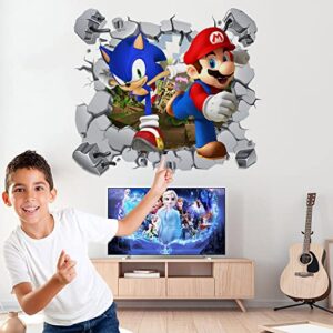 2022 mario play game with sonic 3d break the wall stickers for living room kids room wall decor boys girl gift bedroom poster mural wallpaper removable pvc wall stickers (23" x 25")