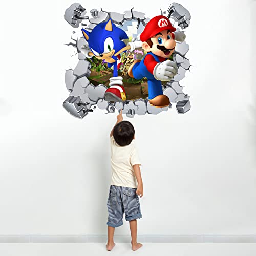 2022 Mario Play Game with Sonic 3D Break The Wall Stickers for Living Room Kids Room Wall Decor Boys Girl Gift Bedroom Poster Mural Wallpaper Removable PVC Wall Stickers (23" x 25")