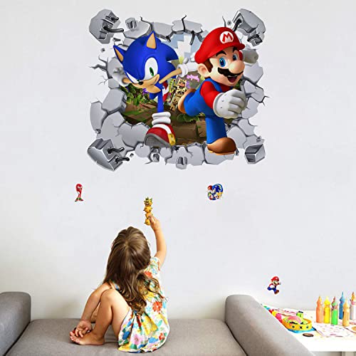 2022 Mario Play Game with Sonic 3D Break The Wall Stickers for Living Room Kids Room Wall Decor Boys Girl Gift Bedroom Poster Mural Wallpaper Removable PVC Wall Stickers (23" x 25")