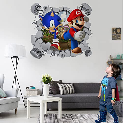 2022 Mario Play Game with Sonic 3D Break The Wall Stickers for Living Room Kids Room Wall Decor Boys Girl Gift Bedroom Poster Mural Wallpaper Removable PVC Wall Stickers (23" x 25")