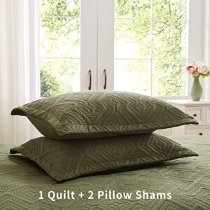 LEAONME Full/Queen Quilt Set 3 Pieces, Lightweight Olive Green Bedspread-90''x98'', Soft Microfiber Summer Quilt/Coverlet, Luxurious Warm Bedding Sets for All Seasons (Includes 1 Quilt, 2 Shams)