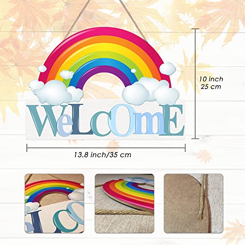 Rainbow Wooden Welcome Sign - Rainbow Cloud Cute Nursery Hanging Signs Welcome Wall Art Plaque(14"x5.2") Inspiring Hanging Sign Decor for Baby Room, Playing Room, Porch, Front Door, Wreath, Kitchen, School, Daycare