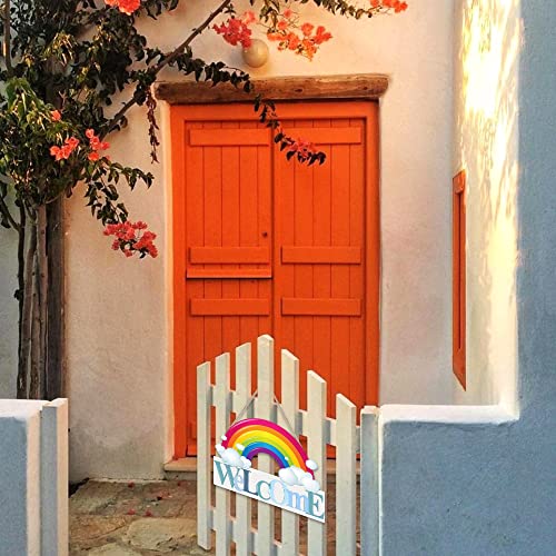 Rainbow Wooden Welcome Sign - Rainbow Cloud Cute Nursery Hanging Signs Welcome Wall Art Plaque(14"x5.2") Inspiring Hanging Sign Decor for Baby Room, Playing Room, Porch, Front Door, Wreath, Kitchen, School, Daycare