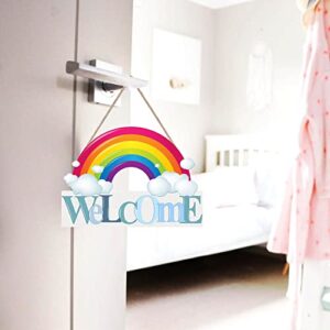 Rainbow Wooden Welcome Sign - Rainbow Cloud Cute Nursery Hanging Signs Welcome Wall Art Plaque(14"x5.2") Inspiring Hanging Sign Decor for Baby Room, Playing Room, Porch, Front Door, Wreath, Kitchen, School, Daycare