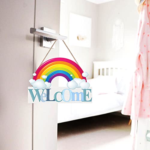 Rainbow Wooden Welcome Sign - Rainbow Cloud Cute Nursery Hanging Signs Welcome Wall Art Plaque(14"x5.2") Inspiring Hanging Sign Decor for Baby Room, Playing Room, Porch, Front Door, Wreath, Kitchen, School, Daycare