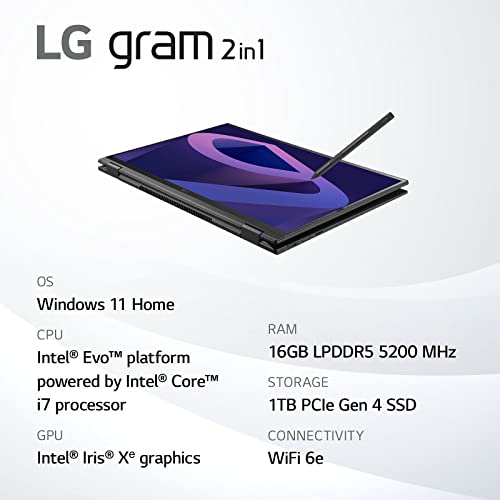 LG gram (2022) 14T90Q 2-in-1 Tablet Laptop, 14" (1920 x 1200) IPS Display, Intel Evo 12th Gen i7 1260P Processor, 16GB LPDDR5, 1TB NVMe SSD, FHD Webcam, WiFi 6E, Thunderbolt 4, Windows 11, Black