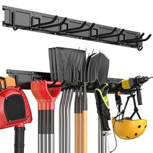 garage tool organizer storage rack, garage organizers wall mount storage system with 6 removable hooks, super heavy duty steel garden tool hanger rack for chair, broom, mop, rake shovel yard tools