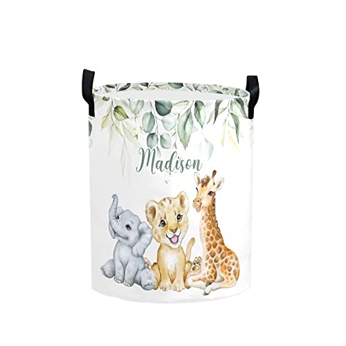 Personalized Laundry Basket Hamper,Safari Jungle Animal Greenery,Collapsible Storage Baskets with Handles for Kids Room,Clothes, Nursery Decor