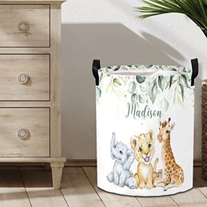 Personalized Laundry Basket Hamper,Safari Jungle Animal Greenery,Collapsible Storage Baskets with Handles for Kids Room,Clothes, Nursery Decor