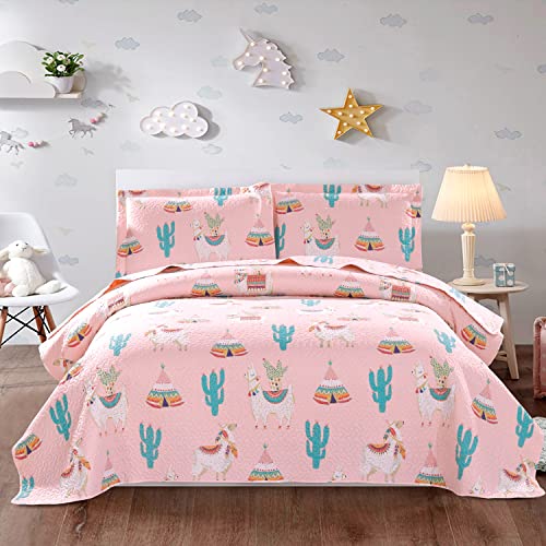 Animal Reversible Quilt Bedding Set, White Alpaca Blue Cactus Print Pink Coverlet, Microfiber Lightweight Soft Bedspreads Bedroom Decor with 2 Pillowcases for All Season