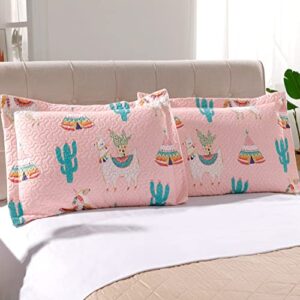 Animal Reversible Quilt Bedding Set, White Alpaca Blue Cactus Print Pink Coverlet, Microfiber Lightweight Soft Bedspreads Bedroom Decor with 2 Pillowcases for All Season