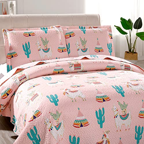 Animal Reversible Quilt Bedding Set, White Alpaca Blue Cactus Print Pink Coverlet, Microfiber Lightweight Soft Bedspreads Bedroom Decor with 2 Pillowcases for All Season