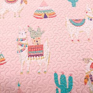 Animal Reversible Quilt Bedding Set, White Alpaca Blue Cactus Print Pink Coverlet, Microfiber Lightweight Soft Bedspreads Bedroom Decor with 2 Pillowcases for All Season