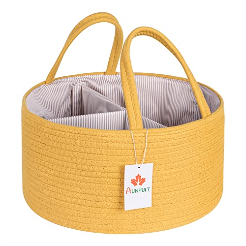 Baby Diaper Caddy Organizer Yellow 15"X7.4" Large Round Hanging Nursery Storage Bin Portable Changing Table/Car Travel Tote Bag Removable Inserts Newborn Registry Boy Girl Shower Rope Basket