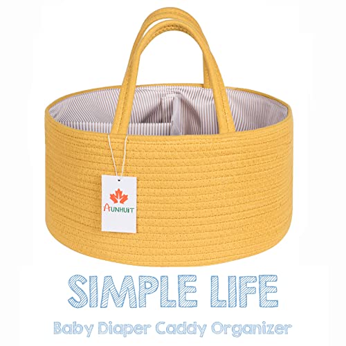 Baby Diaper Caddy Organizer Yellow 15"X7.4" Large Round Hanging Nursery Storage Bin Portable Changing Table/Car Travel Tote Bag Removable Inserts Newborn Registry Boy Girl Shower Rope Basket