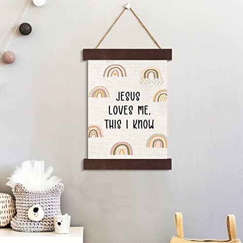 Boho Rainbow Nursery Wall Decor Baptism Gift for Girls Jesus Loves Me This I Know Christening Baby Hanging Canvas Wooden Dedication for Kids Baby Nursery Room, 10 x 13.4 Inches (Rustic Style)