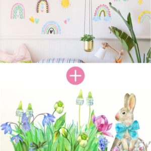 Mitoykus 2 Sets Pastel Wall Stickers Rainbow Bunny Egg Carrot Hyacinth Watercolor Wall Decals for Kids Room Party Nursery