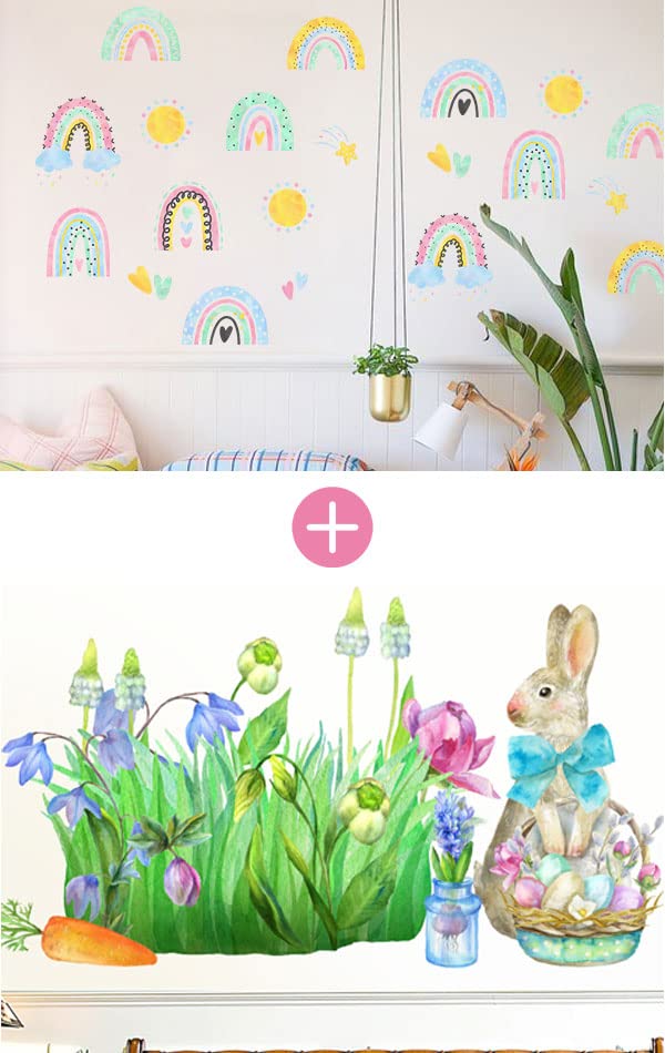 Mitoykus 2 Sets Pastel Wall Stickers Rainbow Bunny Egg Carrot Hyacinth Watercolor Wall Decals for Kids Room Party Nursery