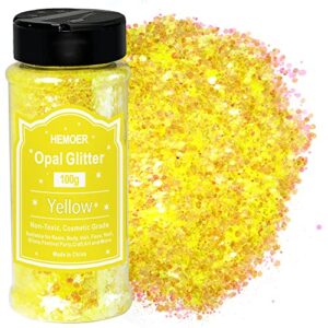 hemoer yellow opal glitter 100g/3.5oz, cosmetic mixed hexagon chunky & fine craft glitter resin sequins for epoxy glass, resin art, body, hair, face, nail, slime, tumbler, festival party