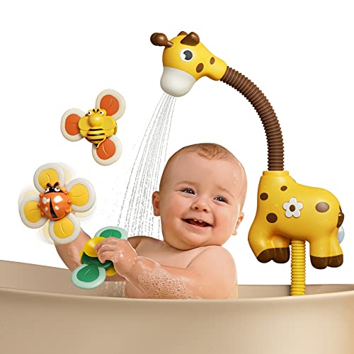 TUMAMA Baby Bath Toy with Shower Head and 3 Suction Spinner Toys, Giraffe Water Spray Squirt Shower Faucet and Bathtub Water Pump Summer Essentials for Toddlers Infants Kids,Yellow