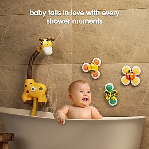 TUMAMA Baby Bath Toy with Shower Head and 3 Suction Spinner Toys, Giraffe Water Spray Squirt Shower Faucet and Bathtub Water Pump Summer Essentials for Toddlers Infants Kids,Yellow