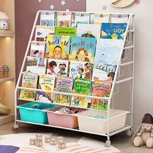 yazi kids bookshelves with toy storage organizer, large 35inx38in 6 tier metal kids bookcases with 3 storage boxes organizer shelf in nursery, playroom, study room,nursery for preschooler children