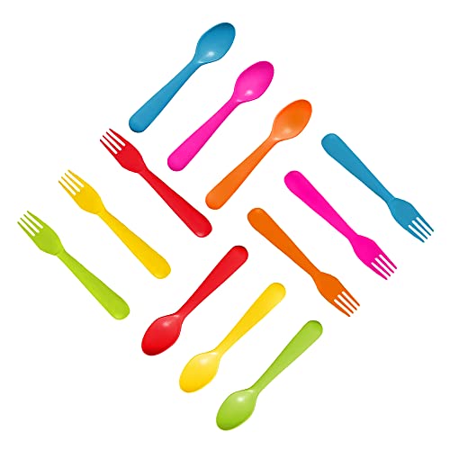 PLASKIDY Plastic Toddler Utensils Set of 12 Kids Utensils Forks and Spoons - BPA FREE/Dishwasher Safe Toddlers Silverware Set Brightly Colored Children's Safe Flatware Cutlery Set