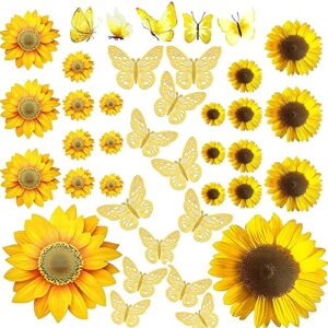 sunflower butterfly wall stickers 39 pcs sunflower decals & 3d gold butterfly wall sticker floral butterfly waterproof wall sticker diy decor for kids baby bedroom living room bathroom nursery decoration