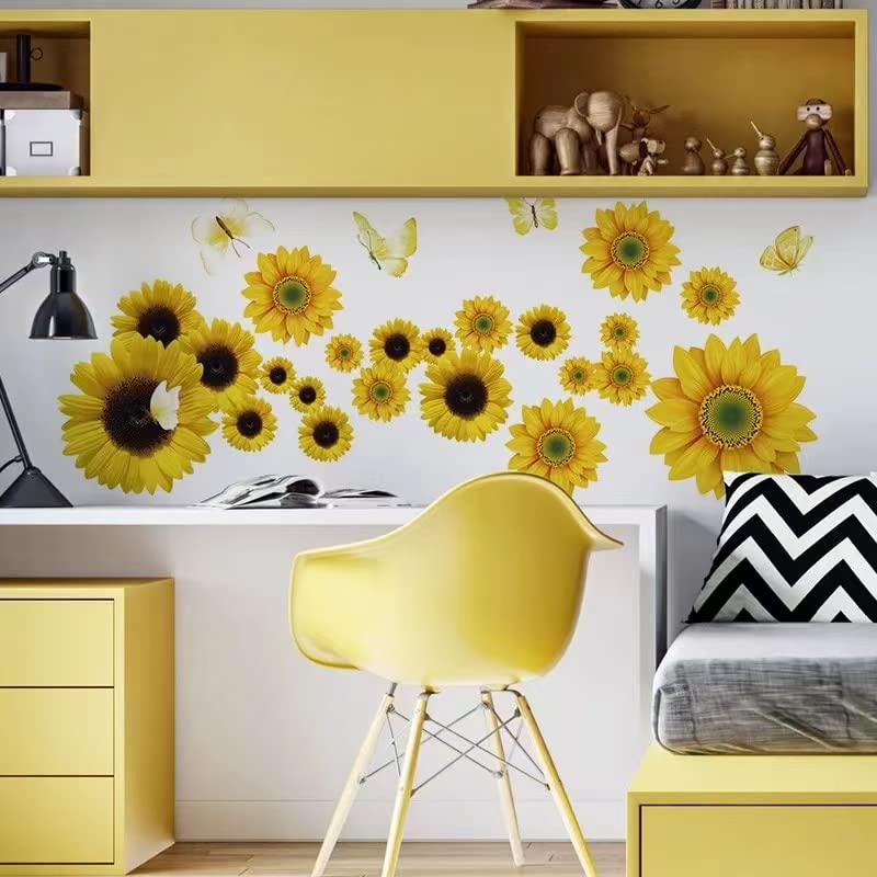 Sunflower Butterfly Wall Stickers 39 PCS Sunflower Decals & 3D Gold Butterfly Wall Sticker Floral Butterfly Waterproof Wall Sticker DIY Decor for Kids Baby Bedroom Living Room Bathroom Nursery Decoration