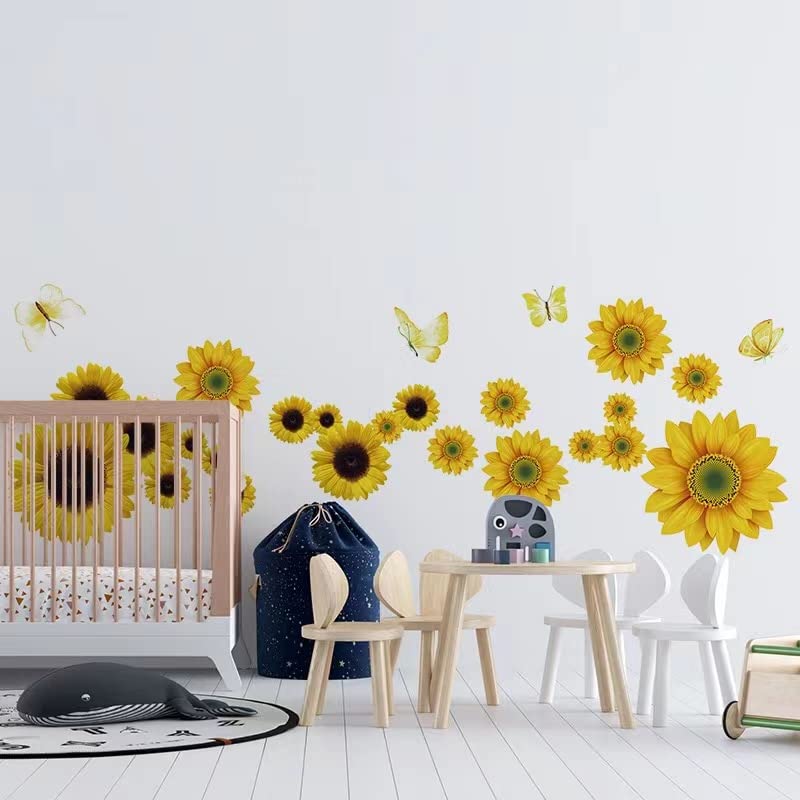 Sunflower Butterfly Wall Stickers 39 PCS Sunflower Decals & 3D Gold Butterfly Wall Sticker Floral Butterfly Waterproof Wall Sticker DIY Decor for Kids Baby Bedroom Living Room Bathroom Nursery Decoration