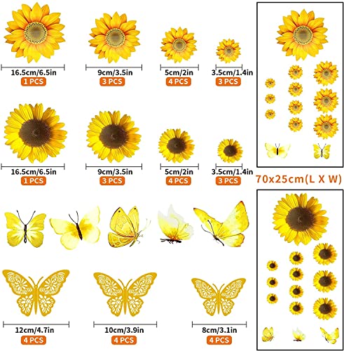 Sunflower Butterfly Wall Stickers 39 PCS Sunflower Decals & 3D Gold Butterfly Wall Sticker Floral Butterfly Waterproof Wall Sticker DIY Decor for Kids Baby Bedroom Living Room Bathroom Nursery Decoration