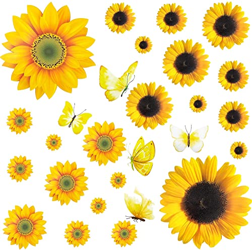 Sunflower Butterfly Wall Stickers 39 PCS Sunflower Decals & 3D Gold Butterfly Wall Sticker Floral Butterfly Waterproof Wall Sticker DIY Decor for Kids Baby Bedroom Living Room Bathroom Nursery Decoration