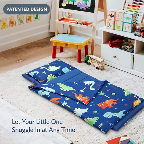 Cokouchyi Toddler Nap mat, Toddler Sleeping Bag with Carrying Bag and Removable Pillow, Measures 53 x 21 x 1.5 Inches, Dinosaur Kids Sleeping Bag, Ideal for Daycare and Preschool, Blue