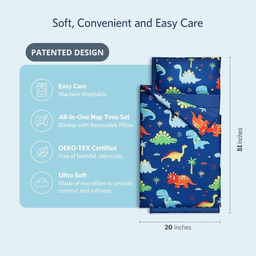 Cokouchyi Toddler Nap mat, Toddler Sleeping Bag with Carrying Bag and Removable Pillow, Measures 53 x 21 x 1.5 Inches, Dinosaur Kids Sleeping Bag, Ideal for Daycare and Preschool, Blue