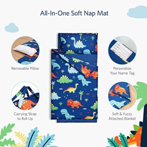 Cokouchyi Toddler Nap mat, Toddler Sleeping Bag with Carrying Bag and Removable Pillow, Measures 53 x 21 x 1.5 Inches, Dinosaur Kids Sleeping Bag, Ideal for Daycare and Preschool, Blue